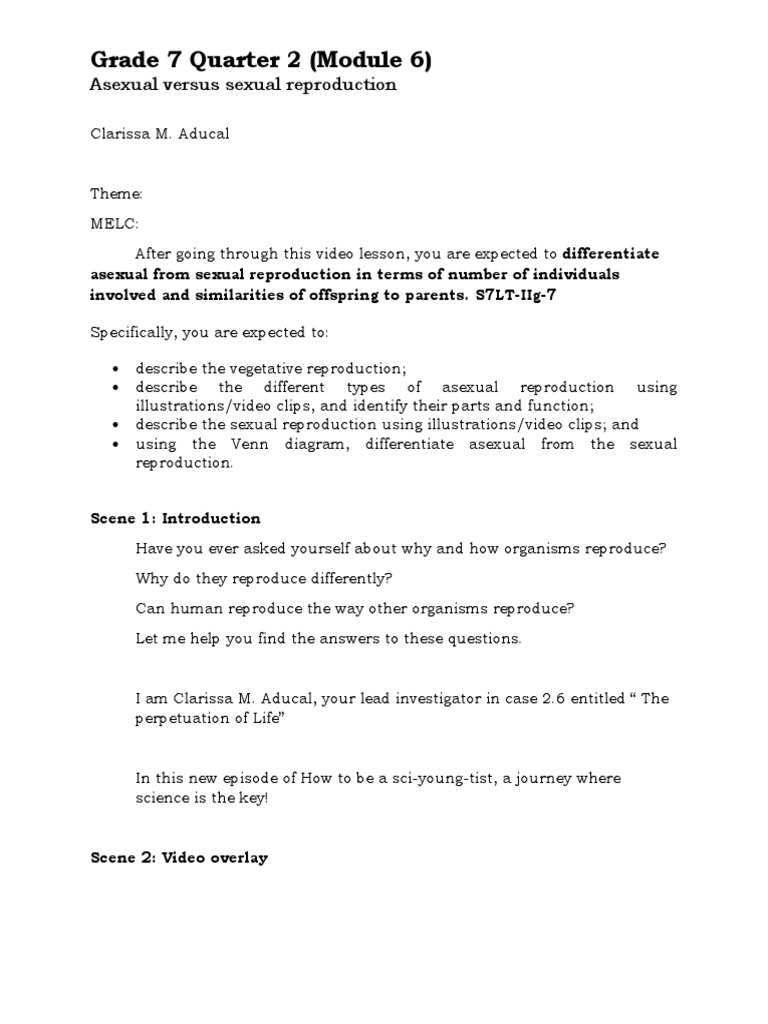 Grade 7 Quarter 2 (Module 6) : Asexual Versus Sexual Reproduction | PDF ...
