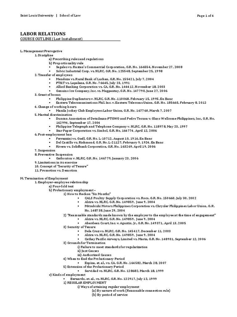 Labor Relations: COURSE OUTLINE (Last Installment) | PDF | Employment ...