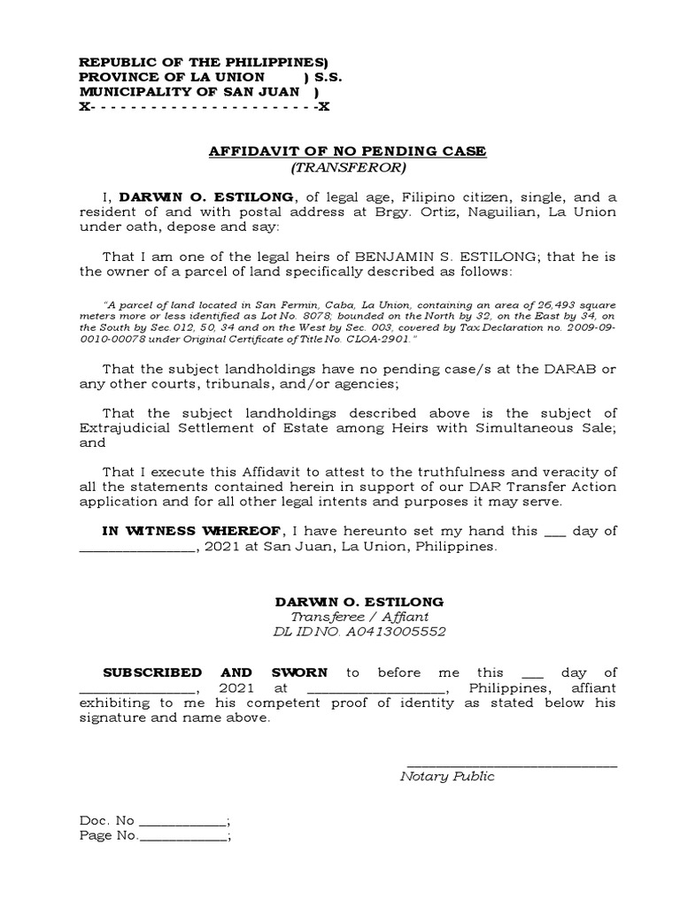 Affidavit of No Pending Case: (Transferor) | PDF