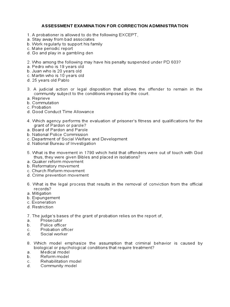 Assessment Examination For Correction Administration | PDF | Probation ...