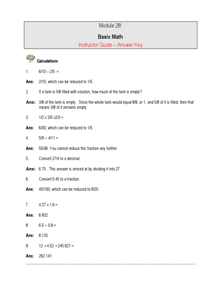 Instructor Guide - Answer Key: Basic Math | PDF | Gallon | Volume