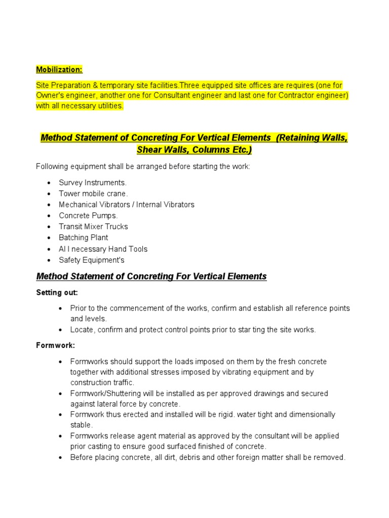 Formwork and Reinforcement Method Statement | PDF | Concrete | Pipe ...