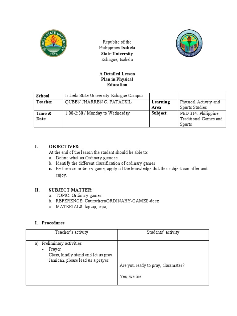 Detailed Lesson Plan Ordinary Games | PDF | Teachers | Cognition