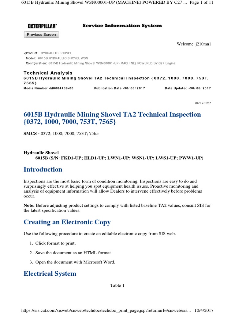 6015B Hydraulic Mining Shovel TA2 Technical Inspection (0372, 1000 ...