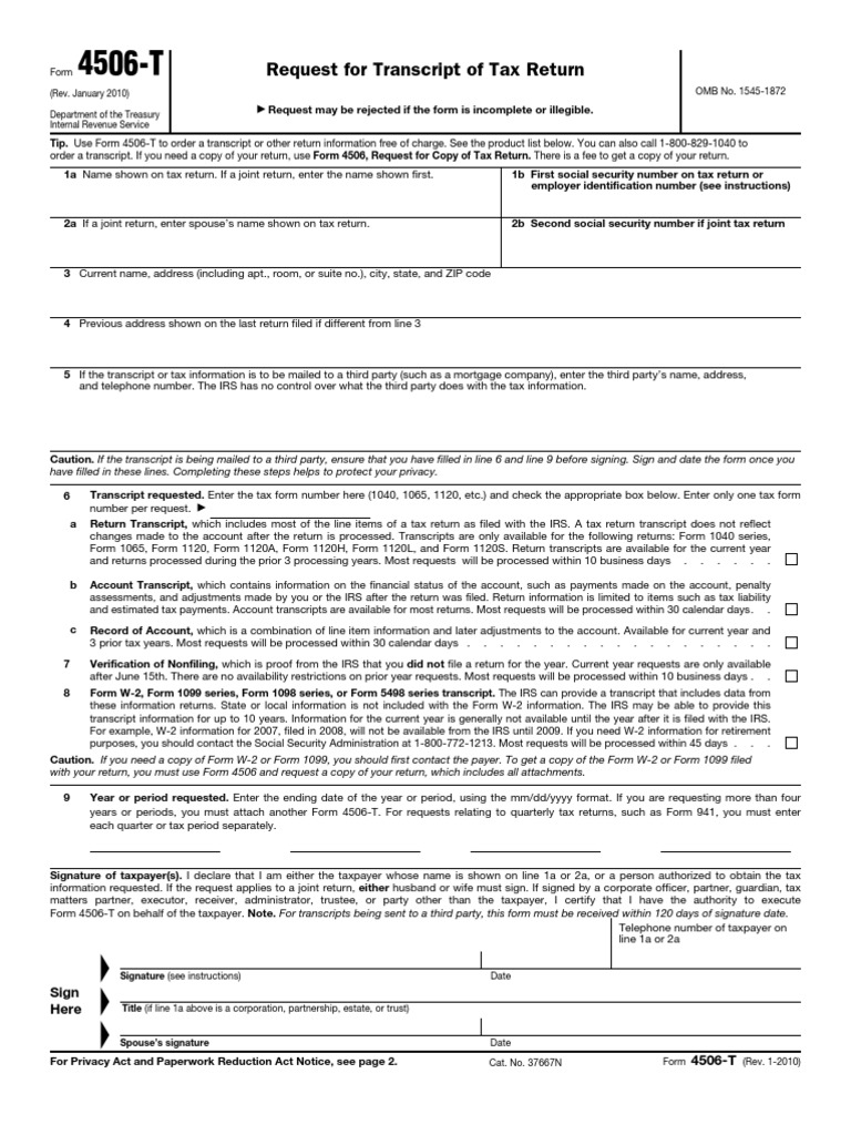 4506t - PDF Version (Form Fillable) Request For Transcript of Tax ...
