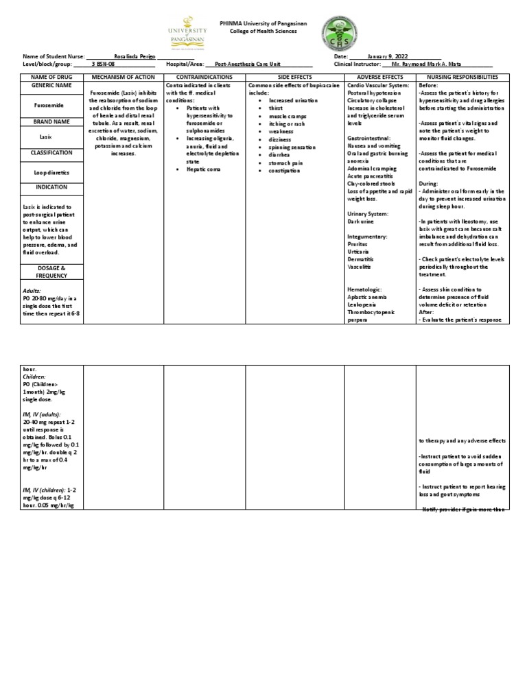 Lasix - Drug Study | PDF | Clinical Medicine | Medical Specialties