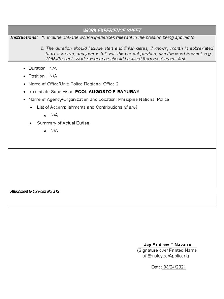 Work Experience Sheet | PDF