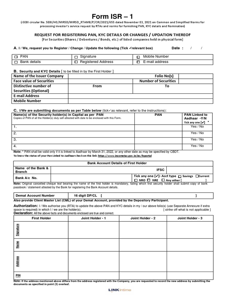 KYC - W-Link - ISR-1 - Request Form For Registering Pan - Bank - KYC | PDF | Securities (Finance ...