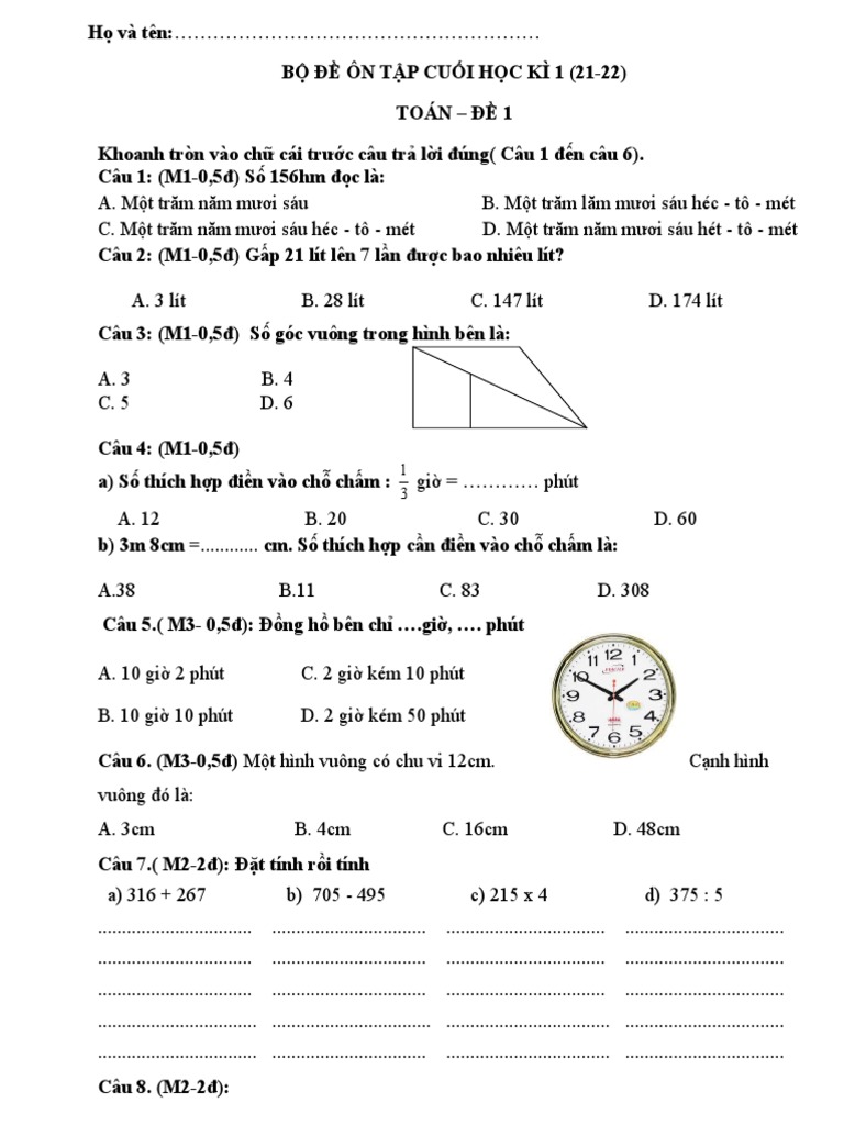 5 Đề Toán 5 Đề Tv Ck1 Lớp 3 Có Đáp Án | PDF