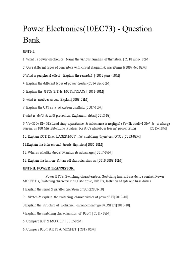 Power Electronics (10EC73) - Question Bank: Unit-I | PDF | Power ...