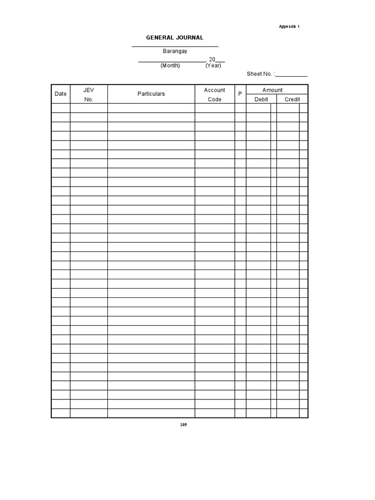 Barangay - , 20 - (Month) (Year) Sheet No.: - JEV Particulars Account P ...