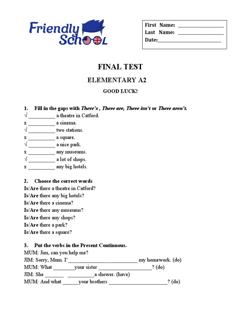 A2 Elementary Test | Download Free PDF | Grammar | Languages