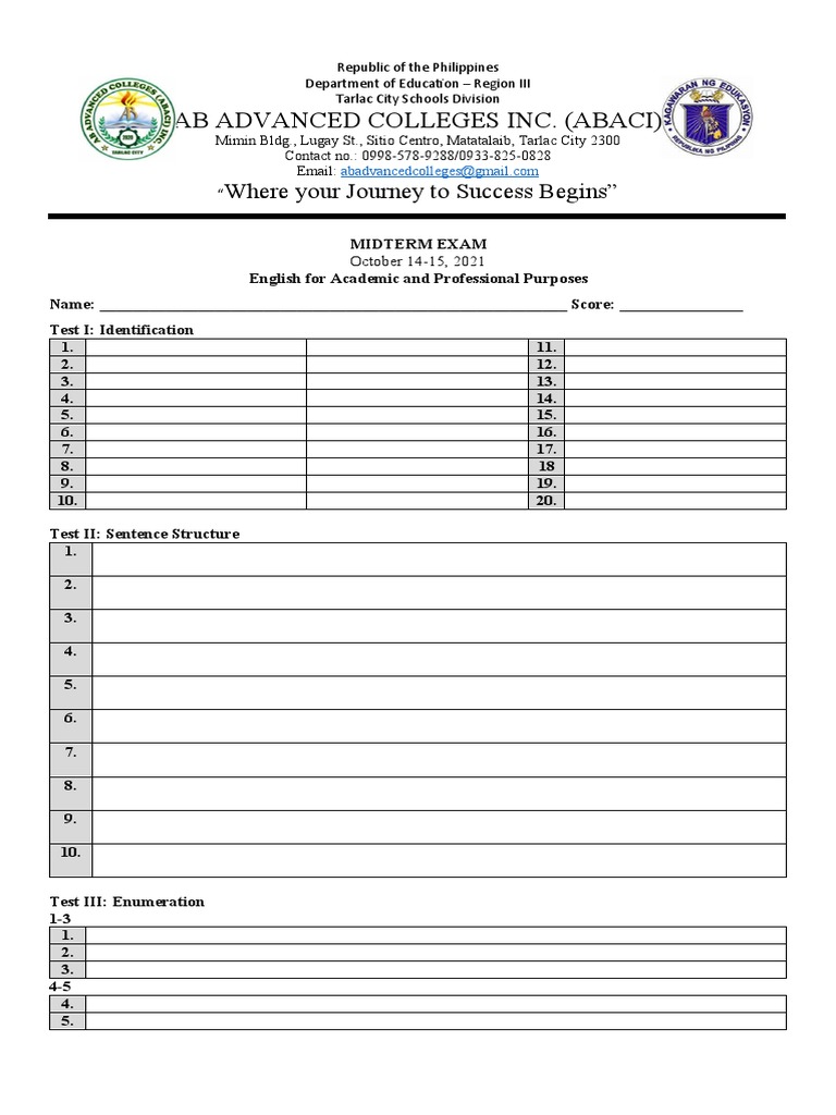 Midterm Exam: English for Academic Purposes | PDF