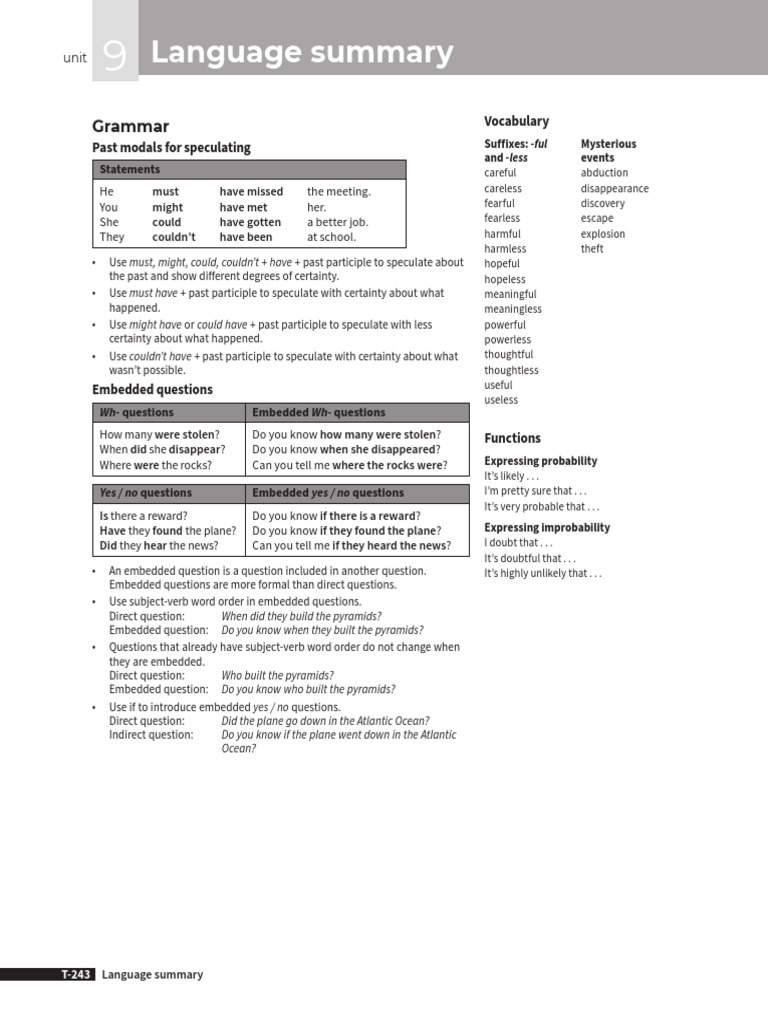 Four Corners Level 4 Unit 9 Language Summary | PDF | Question | Syntax