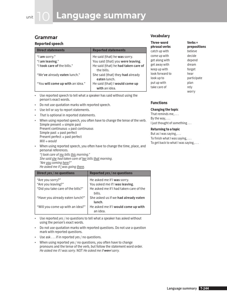 Four Corners Level 4 Unit 10 Language Summary | PDF | Human ...