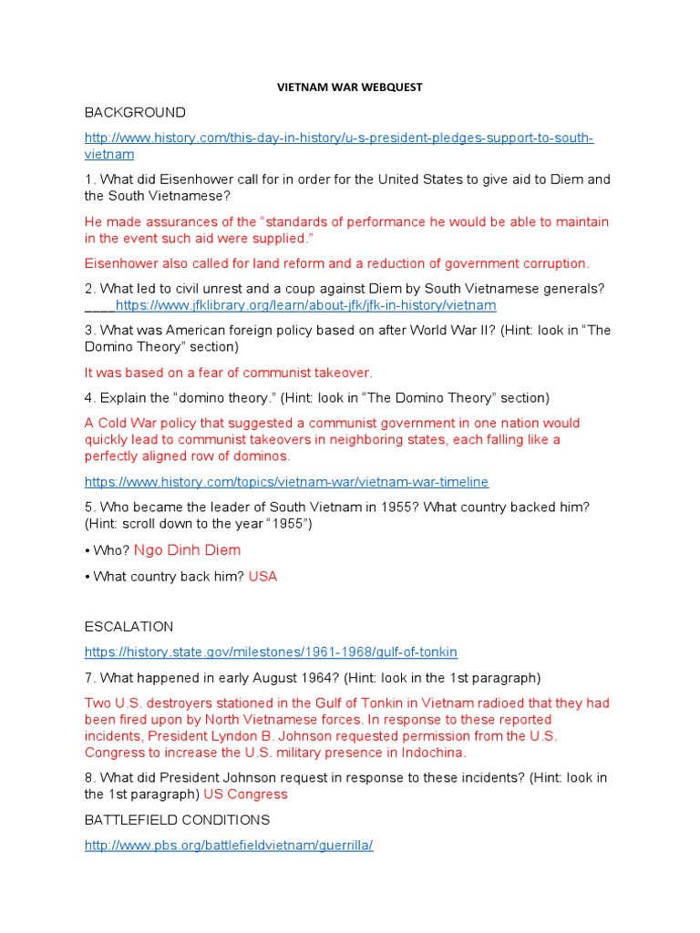 Ngo Dinh Diem: Vietnam War Webquest | PDF | Vietnam War | North Vietnam