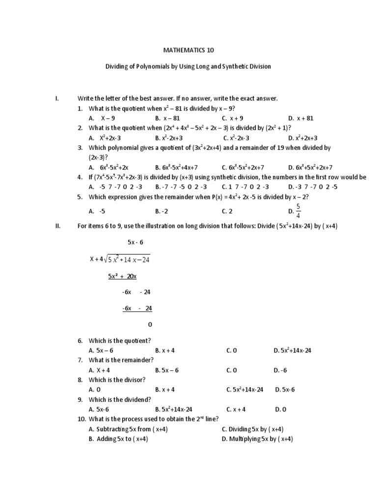 MATHEMATICS 10 (Dividing Polynomials by Long & Synthetic Division | PDF ...