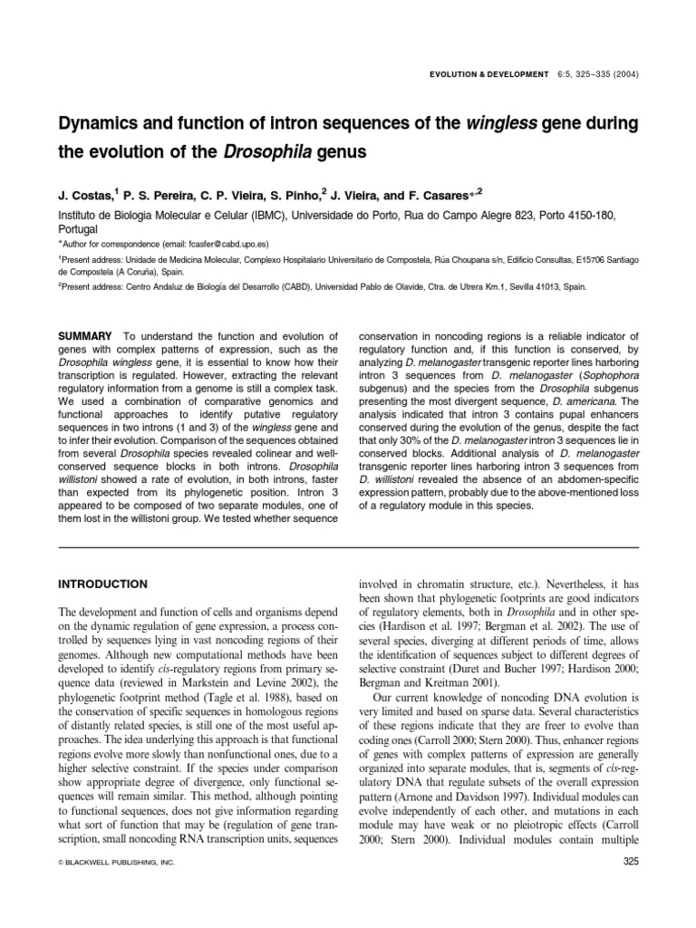 Dynamics and Function of Intron Sequences of The Wingless Gene During The Evolution of The ...
