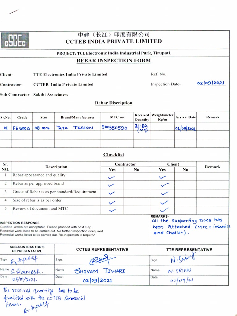 g00550590 O1logl 20: Rebar Inspection Form | PDF
