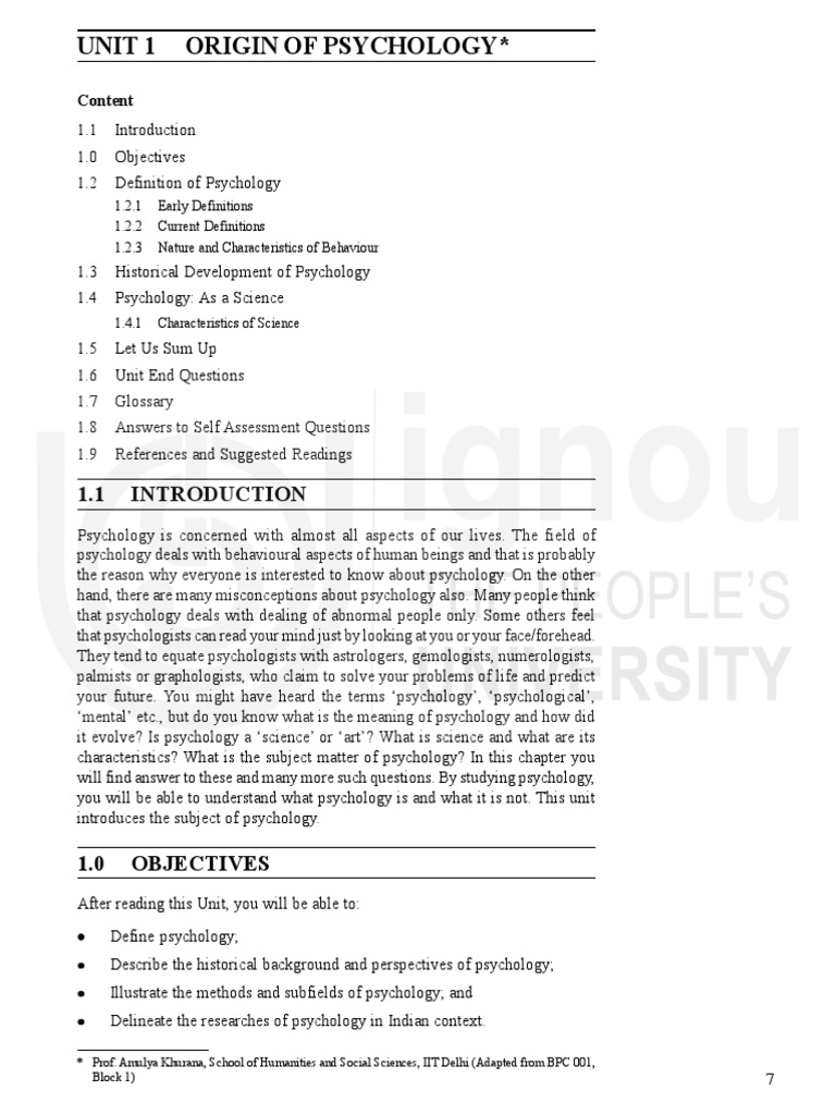 Unit 1 Origin of Psychology : Content | PDF | Science | Psychology