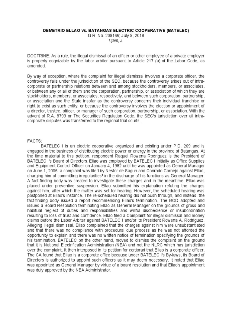 Ellao vs. BATELEC: Jurisdiction Ruling | PDF | Corporations | Jurisdiction