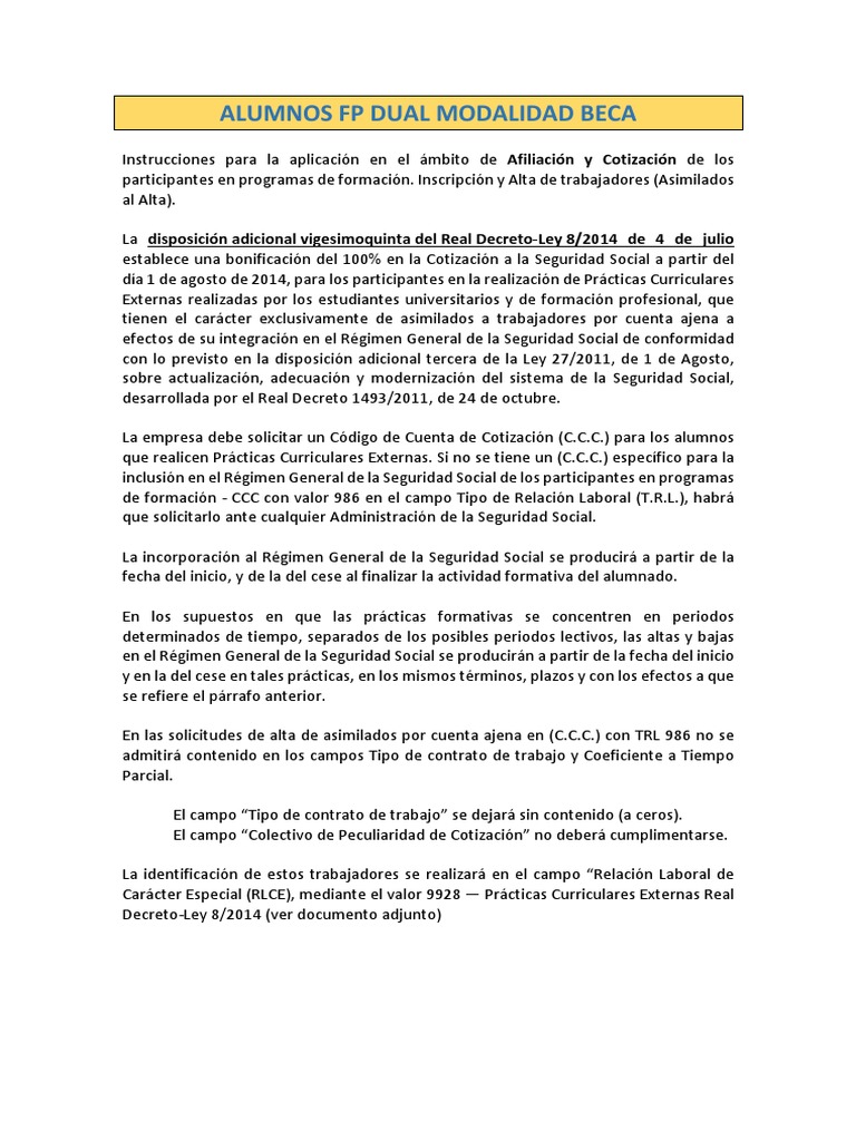 Alumnos FP Dual Modalidad Beca | PDF | Bienestar | Derecho laboral