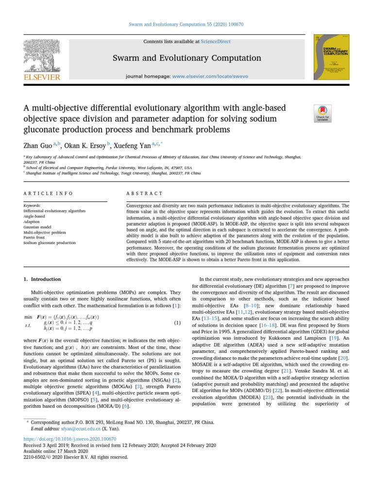 Swarm and Evolutionary Computation: Zhan Guo, Okan K. Ersoy, Xuefeng ...