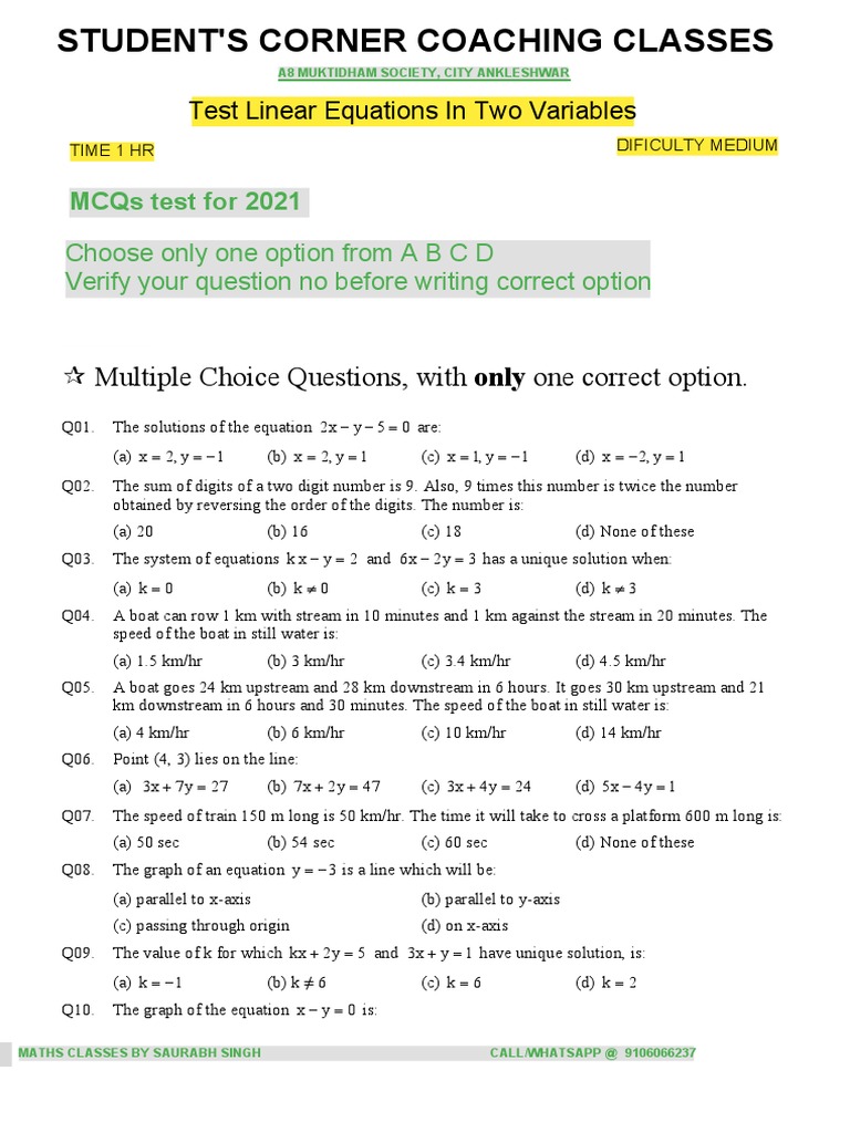 MCQs on Linear Equations for Class 10 | PDF | Equations | System Of ...