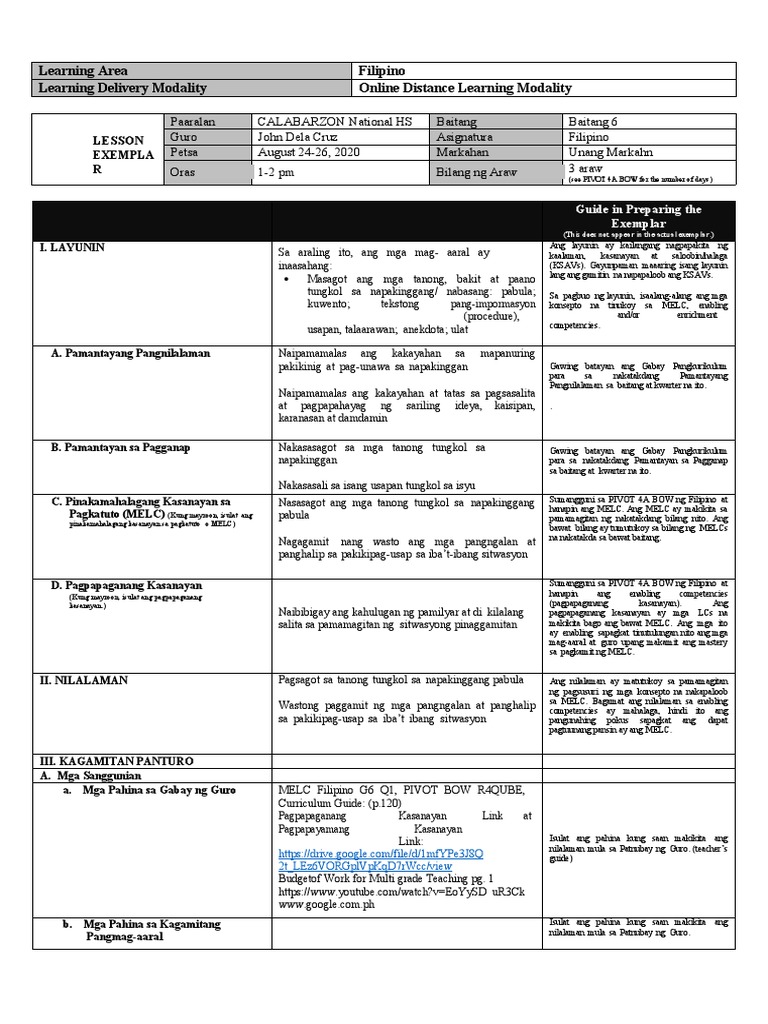 Lesson Exemplar Grade 6 Filipino | PDF
