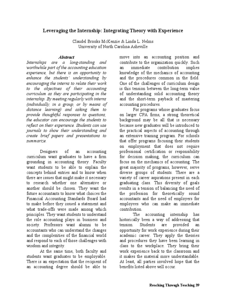 Leveraging the Internship Experience: A Framework for Integrating ...