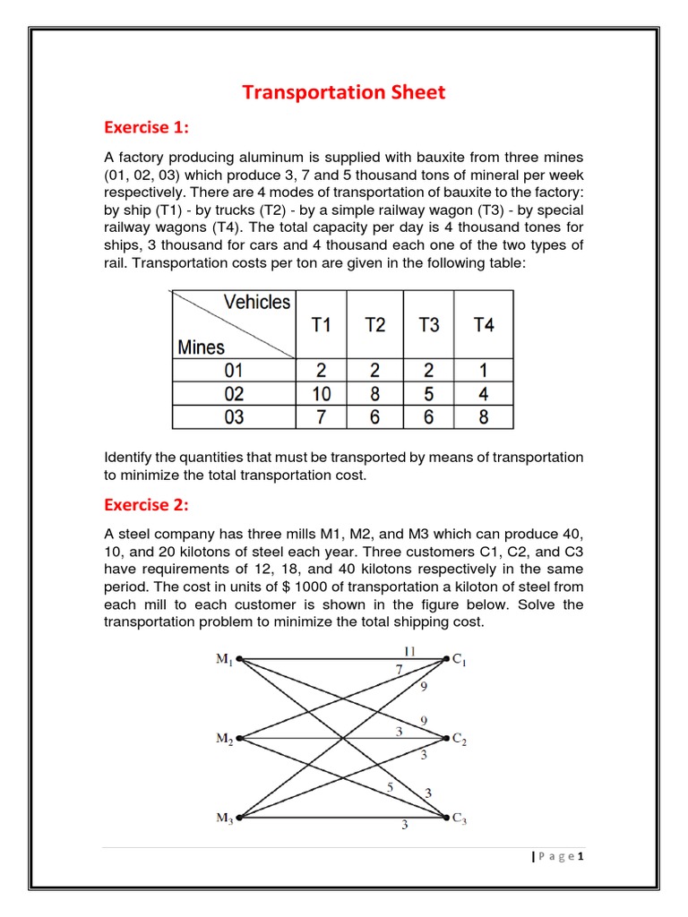 Transportation Sheet: Exercise 1 | PDF | Transport