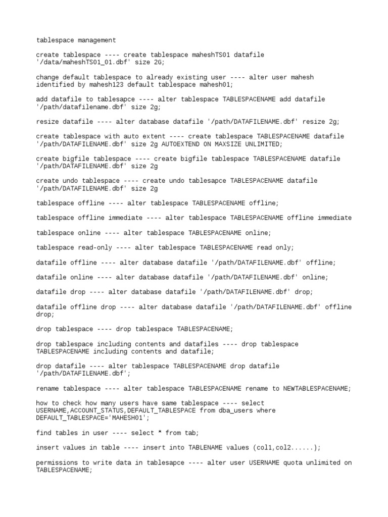 Tablespace Management Oracle Pdf Online And Offline Databases
