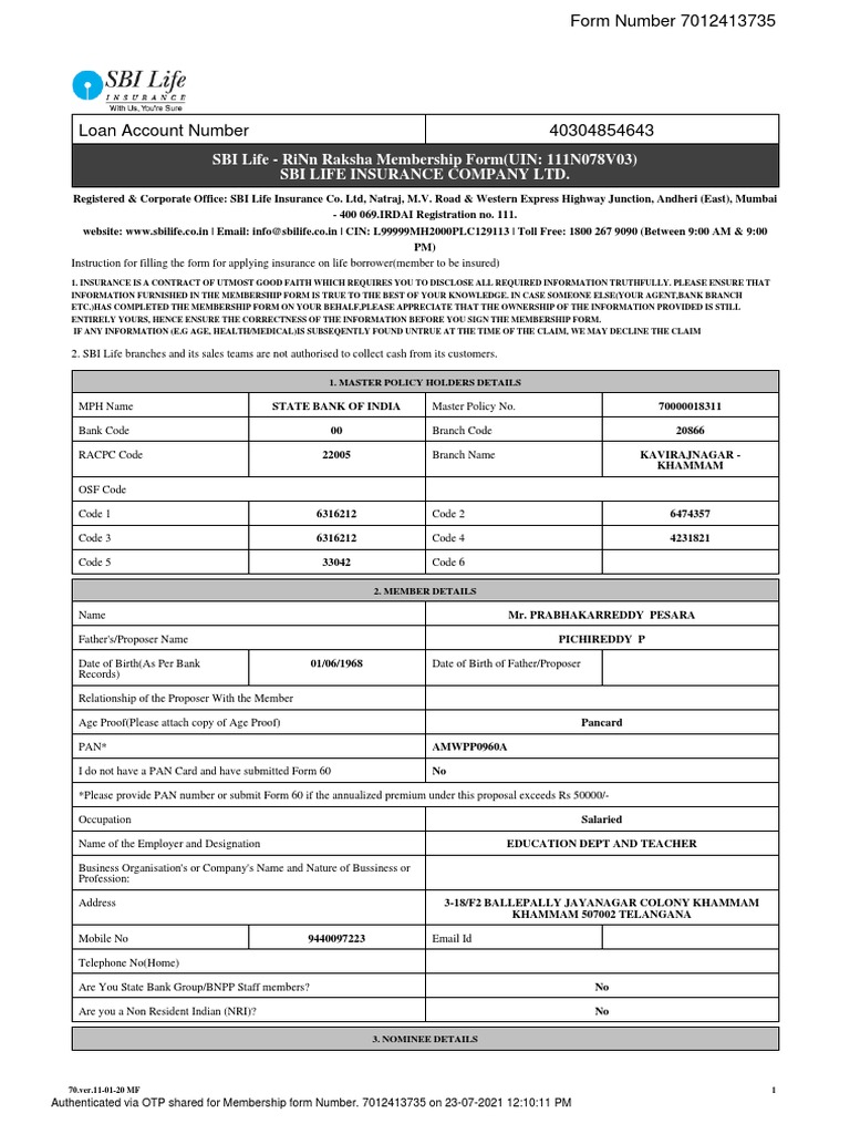 Sbi Life - Rinn Raksha Membership Form (Uin: 111N078V03) Sbi Life ...