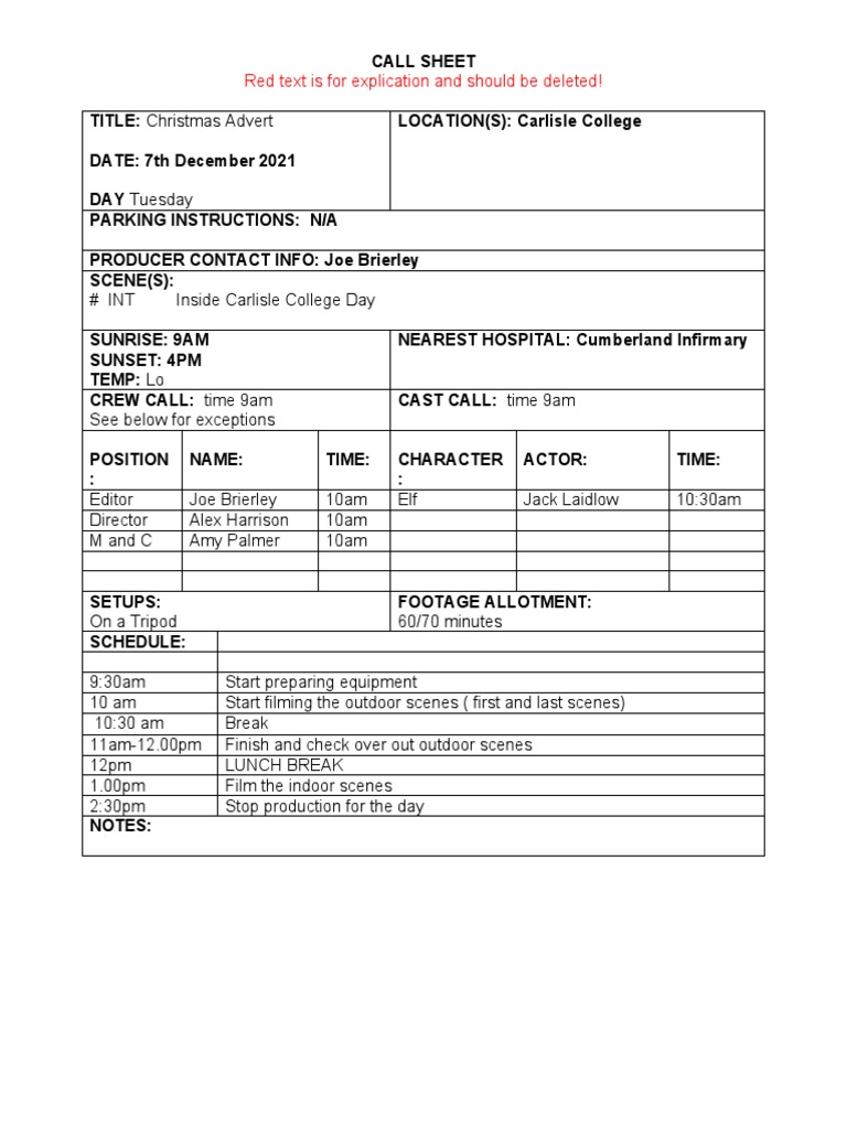 Daily Call Sheet for Christmas Advert | PDF
