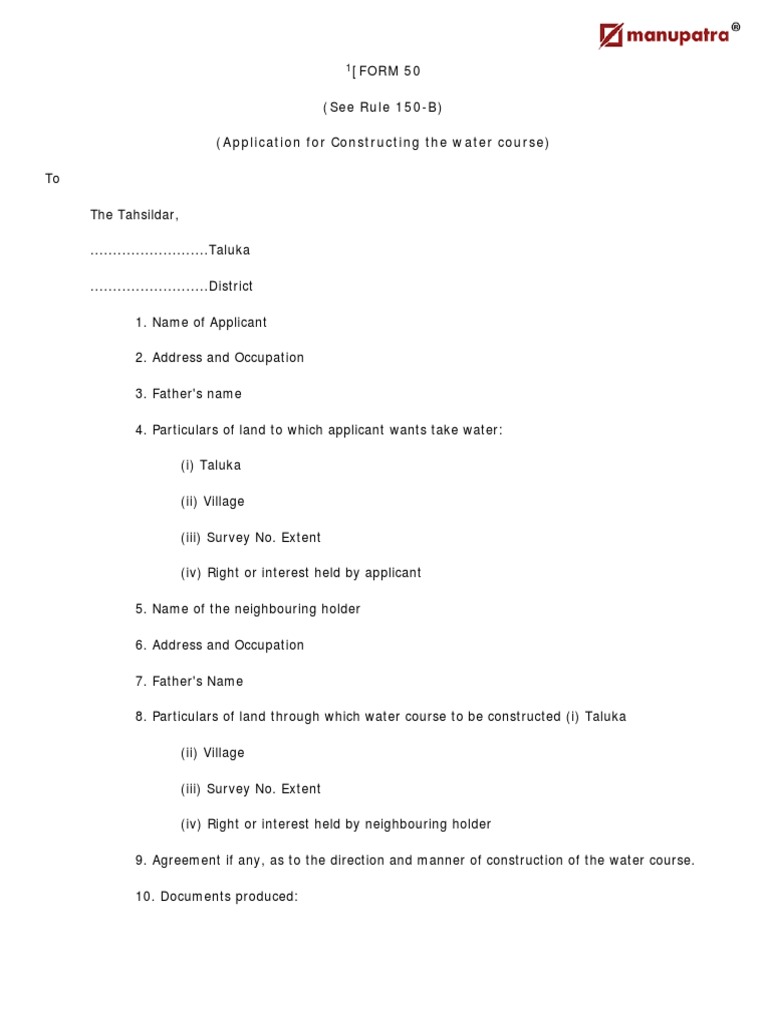 (FORM 50 (See Rule 150-B) (Application For Constructing The Water ...