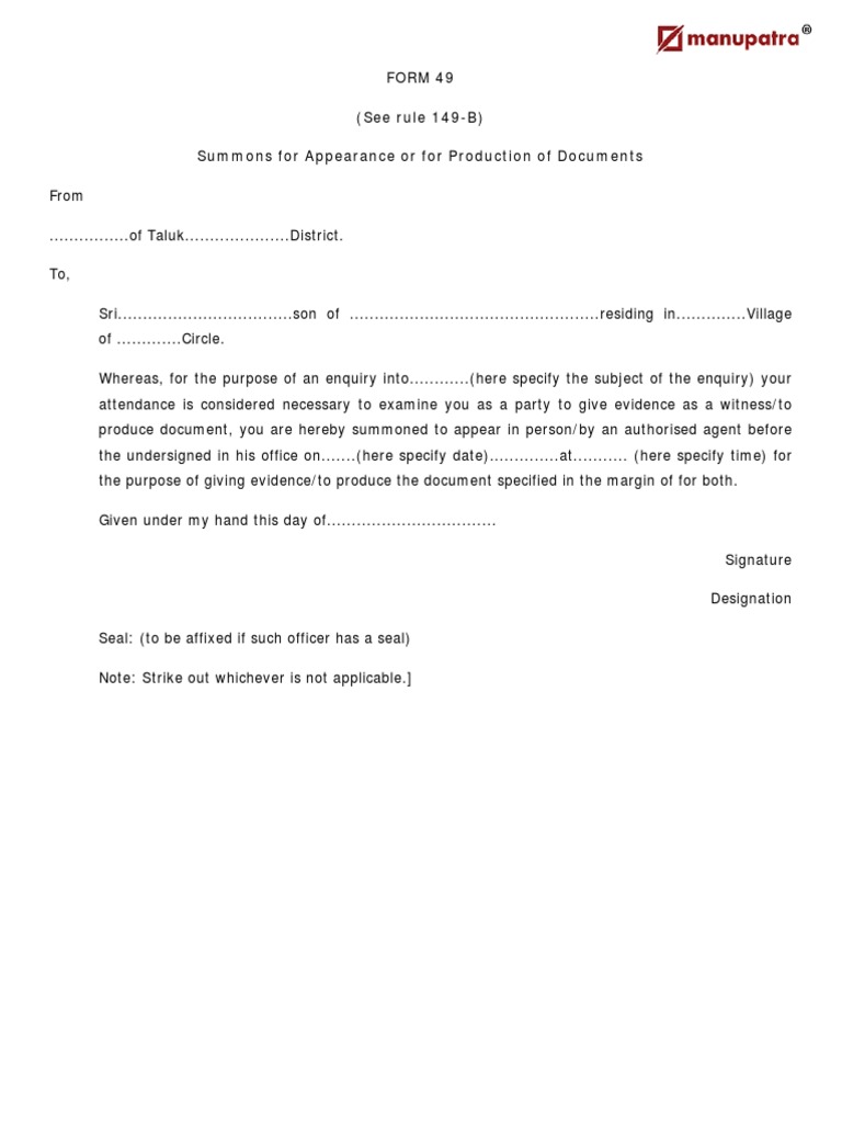 Form 49 (See Rule 149-B) Summons For Appearance or For Production of ...