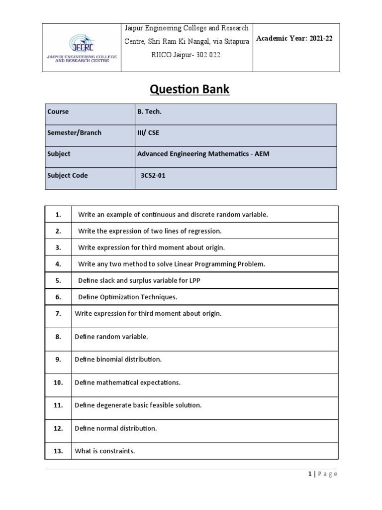 AEM Question Bank | PDF | Mathematical Optimization | Probability ...