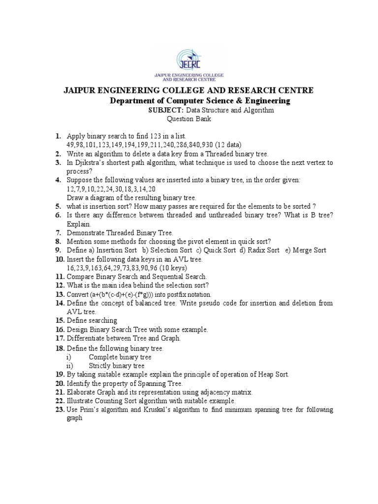 JAIPUR ENGINEERING COLLEGE DATA STRUCTURE AND ALGORITHM QUESTION BANK | PDF | Applied ...