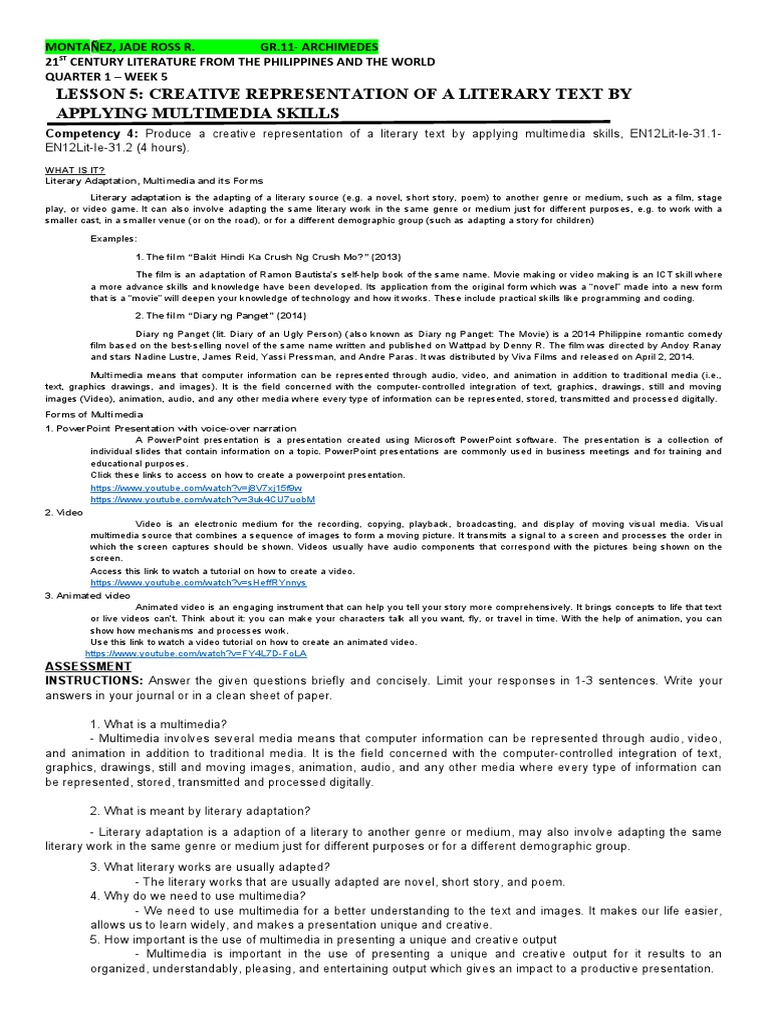 Lesson 5: Creative Representation of A Literary Text by Applying ...