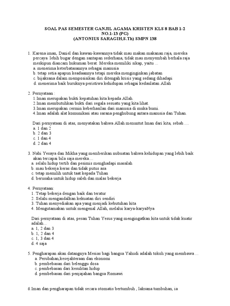 Soal Pas Semester Ganjil Agama Kristen KLS 8 Bab 1 2 | PDF