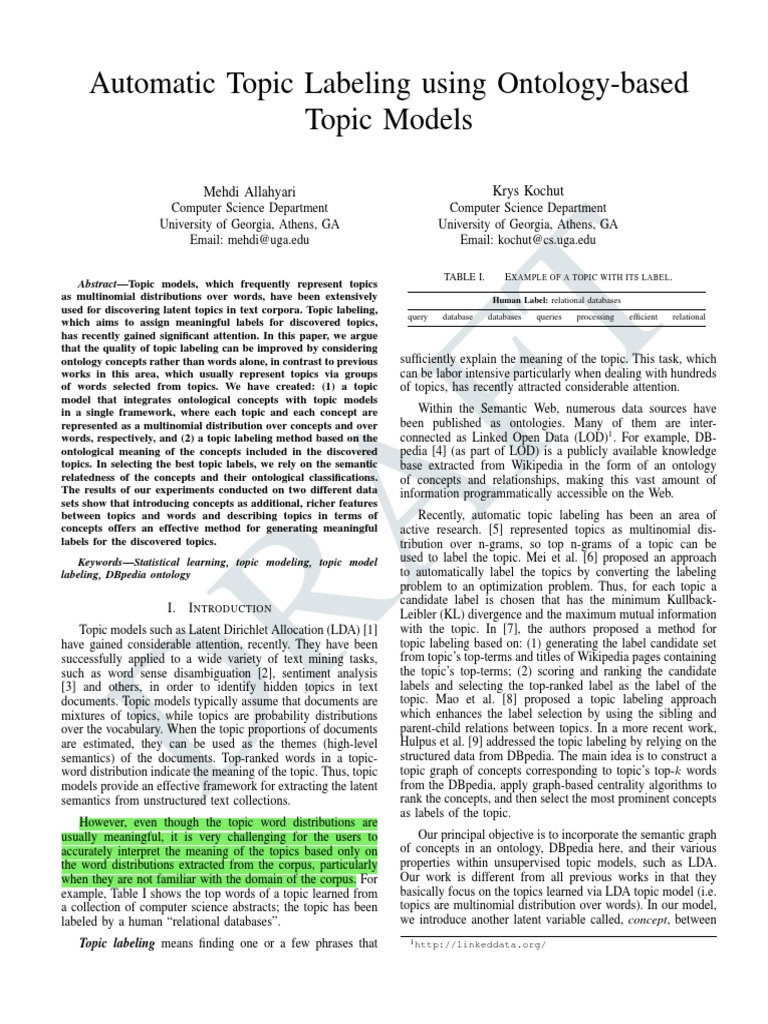 Draft: Automatic Topic Labeling Using Ontology-Based Topic Models | PDF | Concept | Databases