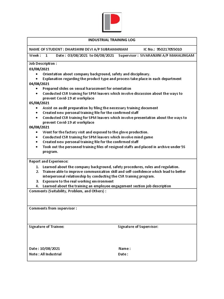 Industrial Training Log (Week 1) | PDF