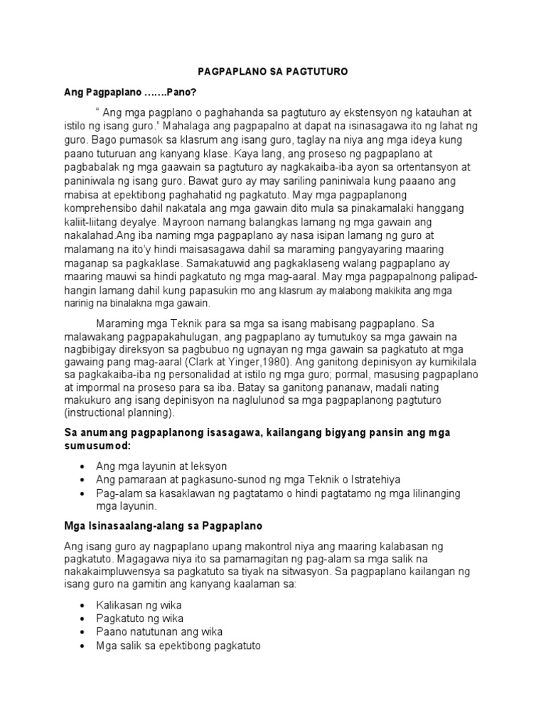 Pagpaplano Sa Pagtuturo | PDF