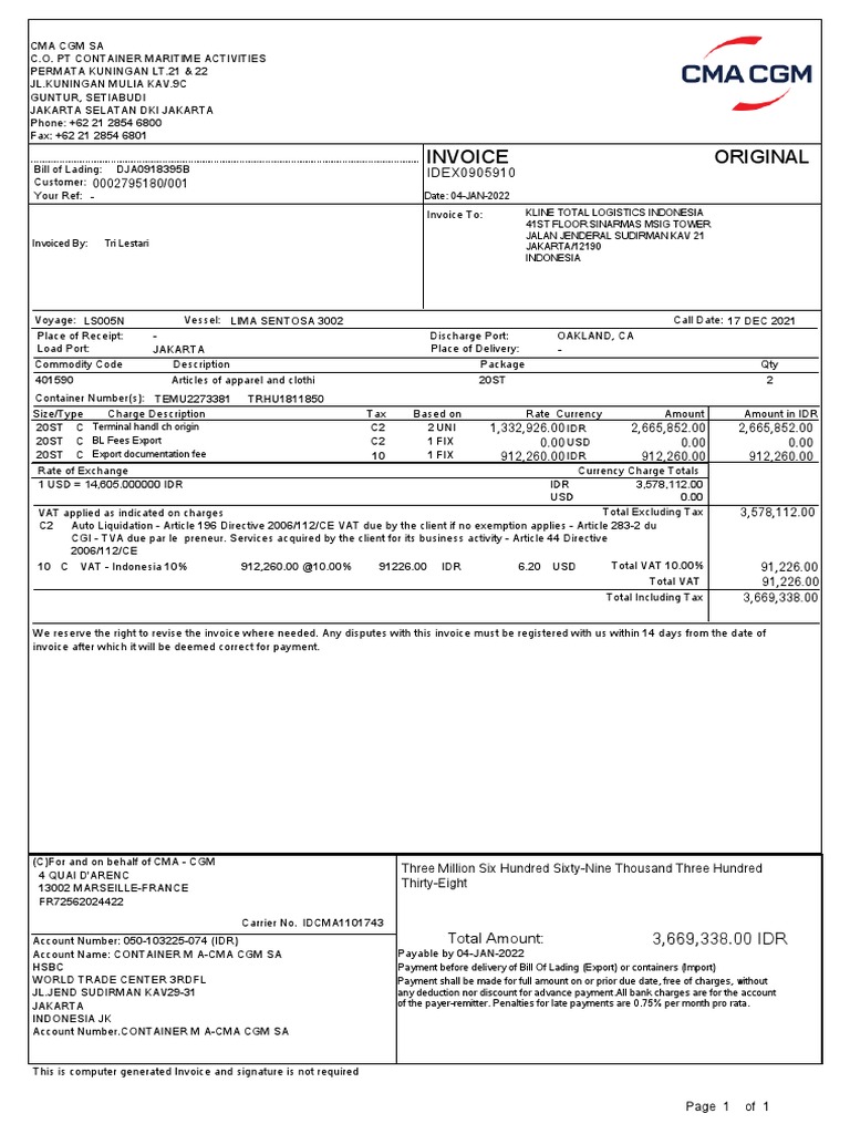 CMA CGM SA Shipping Invoice for Clothing Exports from Jakarta to ...