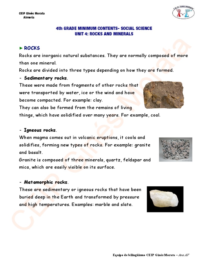 Rocks and Minerals: 4th Grade Social Science Minimum Contents | PDF ...