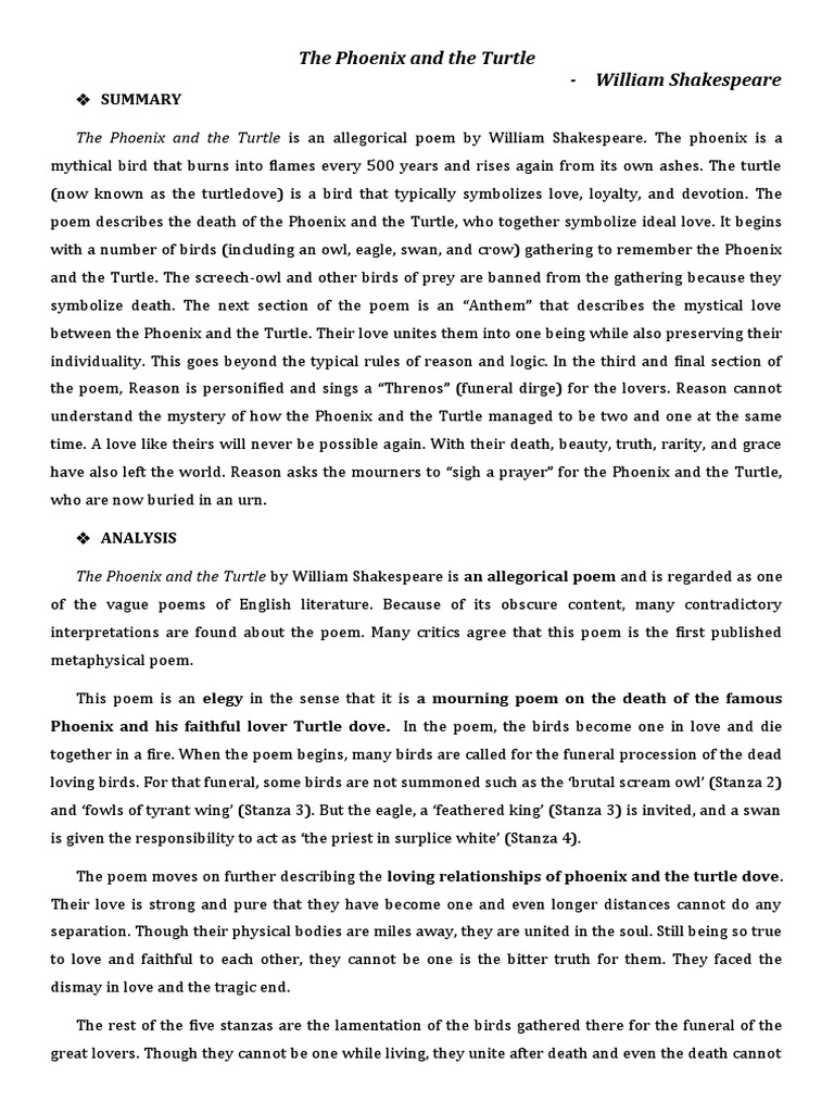 Analysis of Shakespeare's Phoenix and Turtle | PDF | Poetry | Classics
