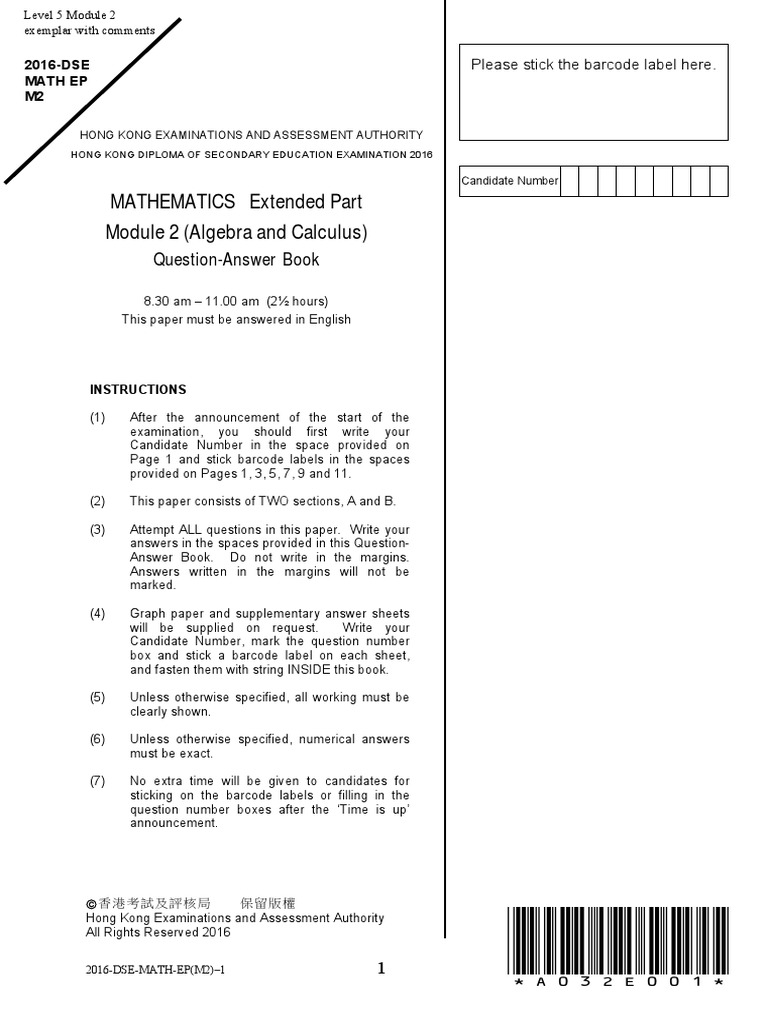 MATHEMATICS Extended Part Module 2 (Algebra and Calculus) : Question ...