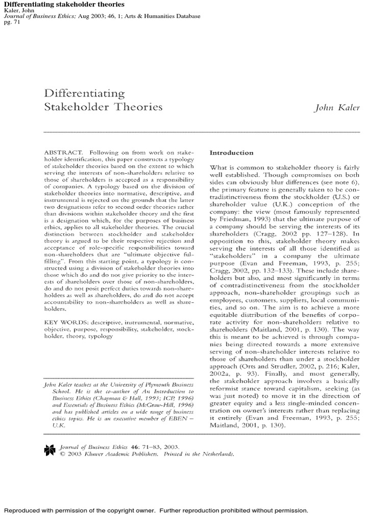 Differentiating Stakeholder Theories | PDF | Philosophy