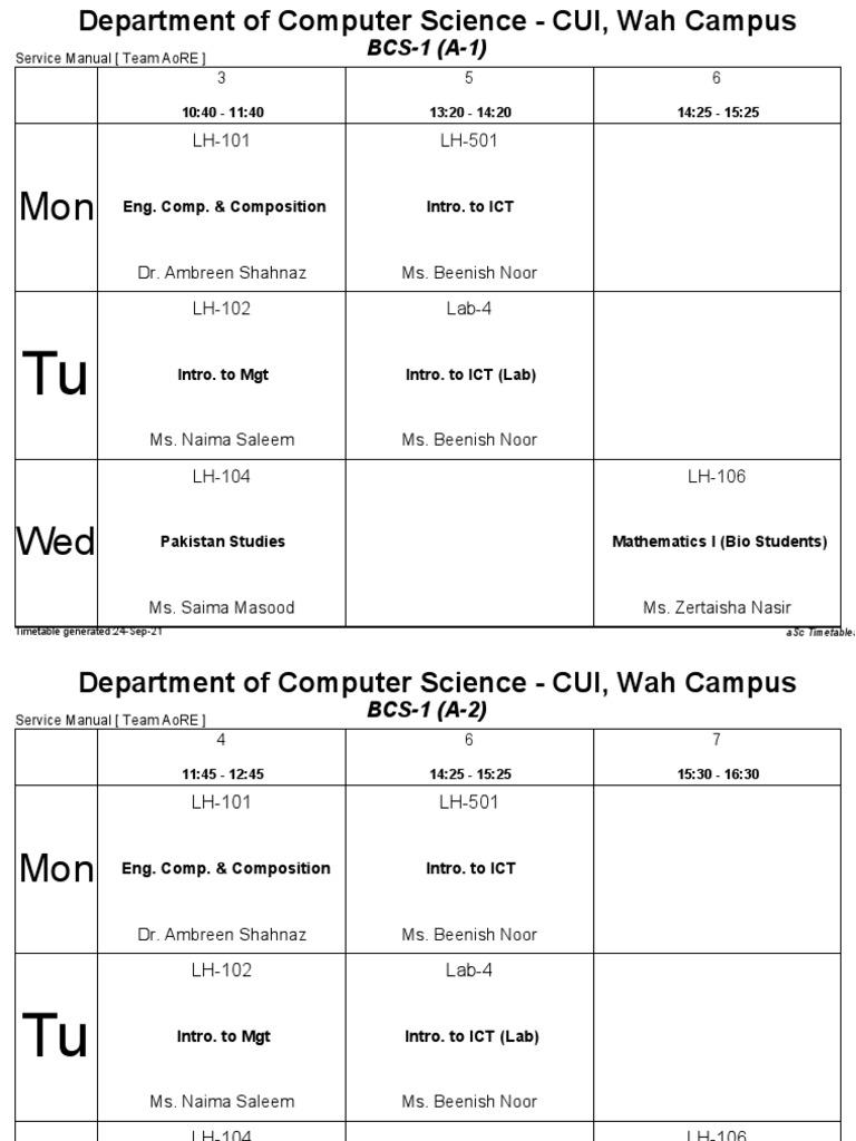CS Timetable For FA-21 (On Campus & Online) Class Wise-1 | PDF ...