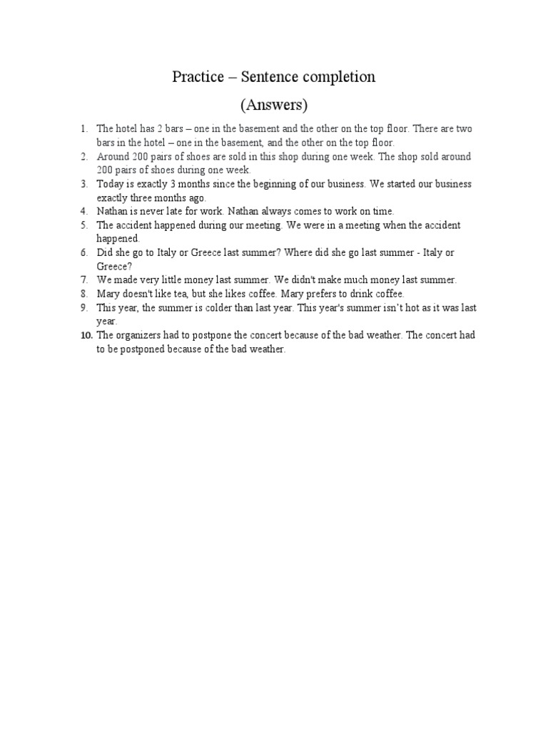 Practice - Sentence Completion (Answers) | PDF